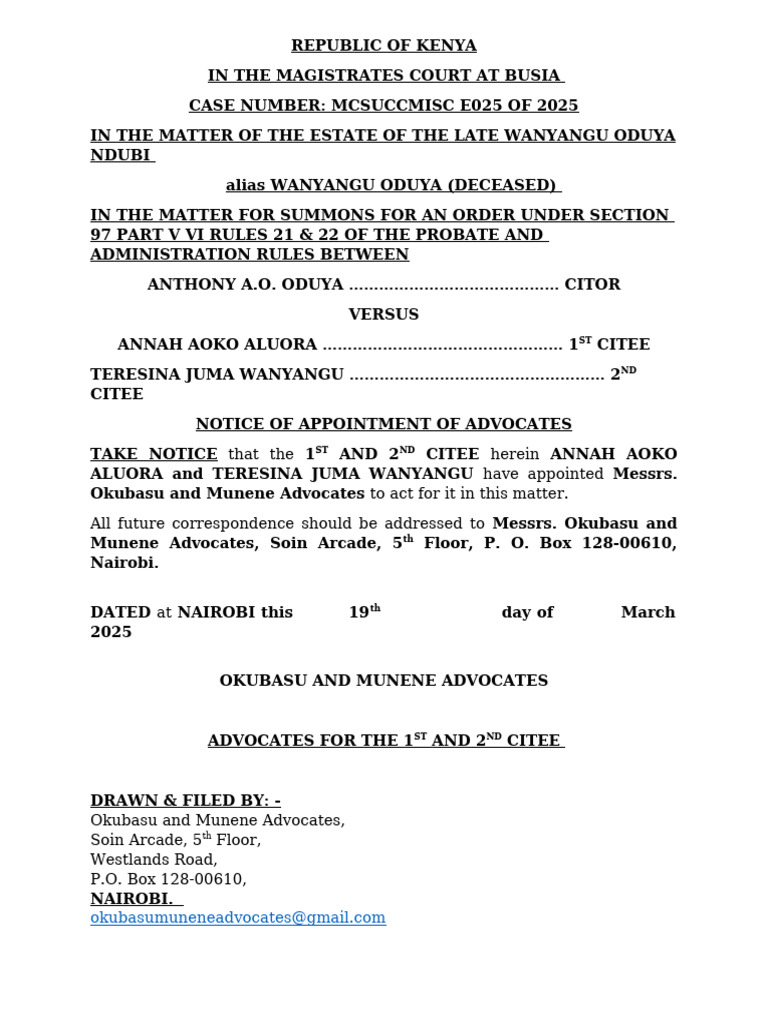 Notice of Advocate Appointment in Kenya | PDF