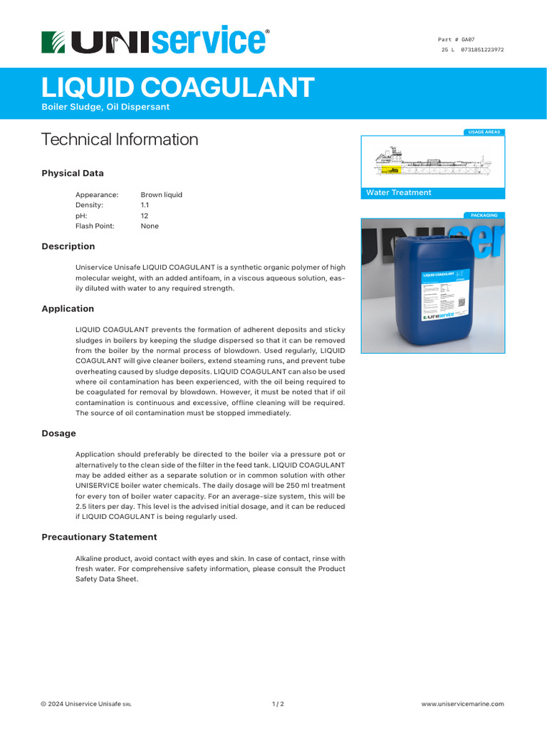 Uniservice Unisafe GA07 Liquid Coagulant TechInfo | PDF | Liquids | Water