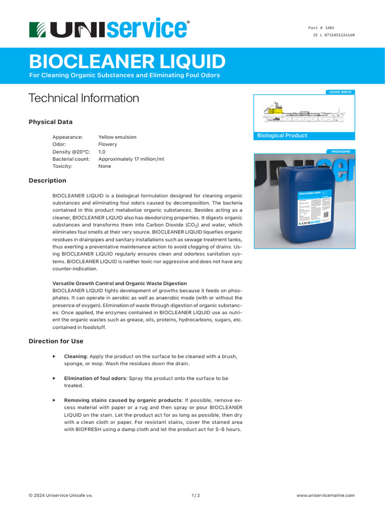 Uniservice Unisafe JA03 Biocleaner Liquid TechInfo | PDF | Liquids ...