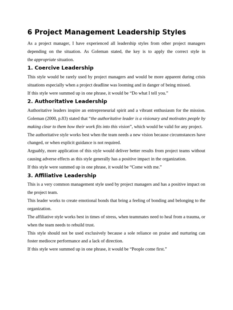 Project Management Leadership Styles | PDF | Leadership | Behavioural ...