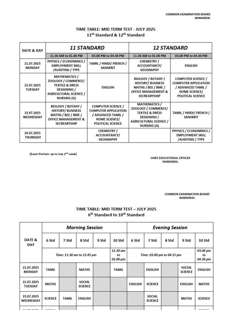 CEB 2025 Mid Term Exam Timetable | PDF | Science | Mathematics