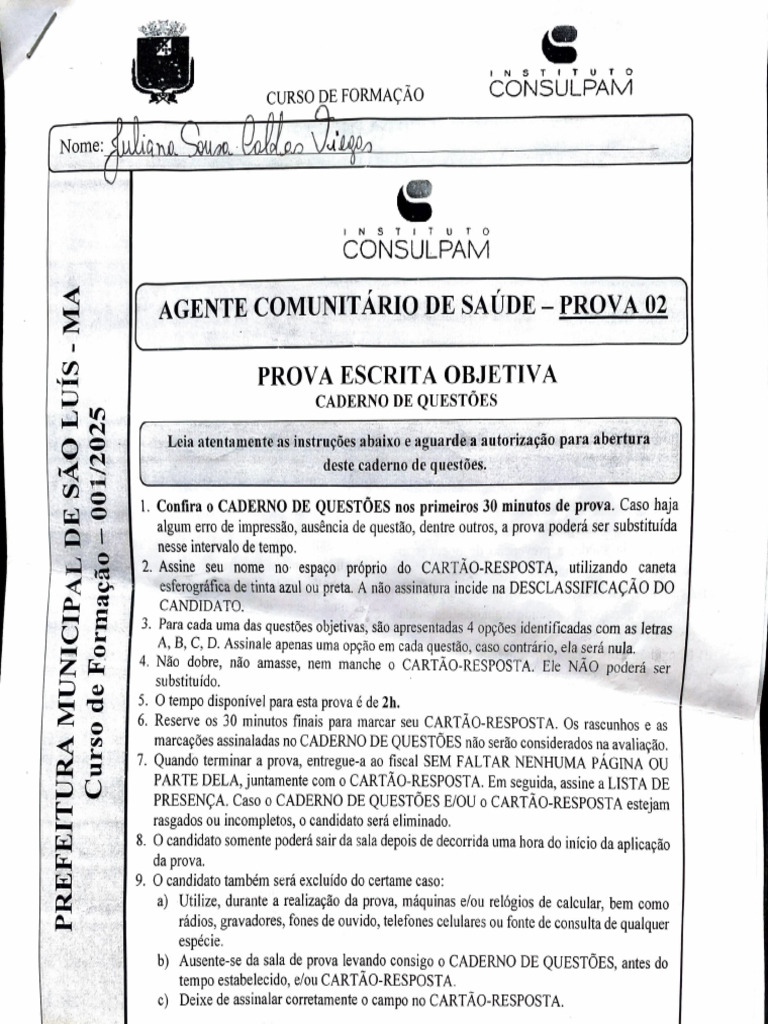 Prova Objetiva: Agente Comunitário de Saúde | PDF | Enfermagem ...