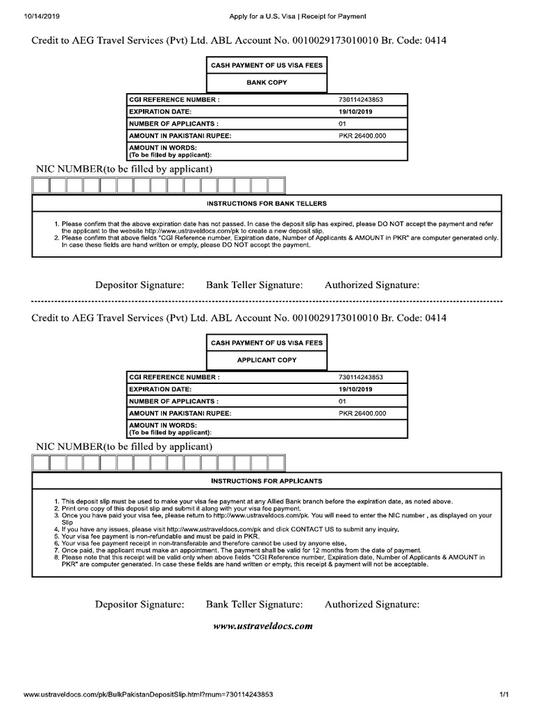 Apply For A U.S. Visa - Receipt For Payment | PDF