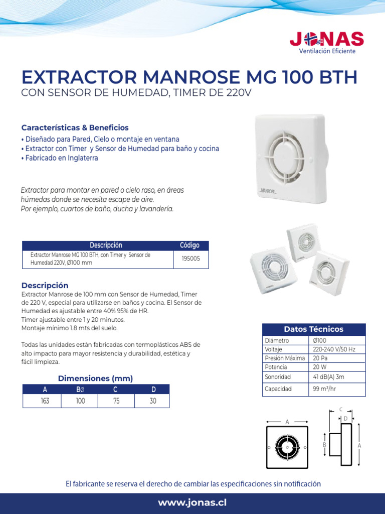 FT Extractor Manrose MG 100 BTH | PDF
