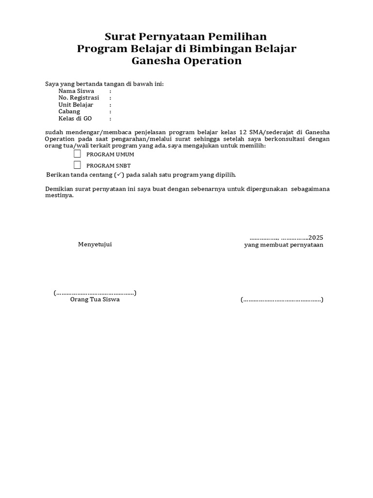 Surat Pernyataan Pemilihan Program Kelas 12 | PDF