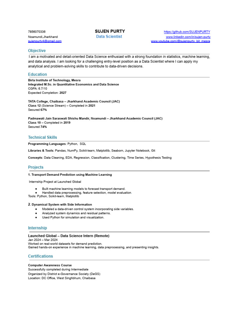 Sujen Purty Cv Pdf Data Science Machine Learning
