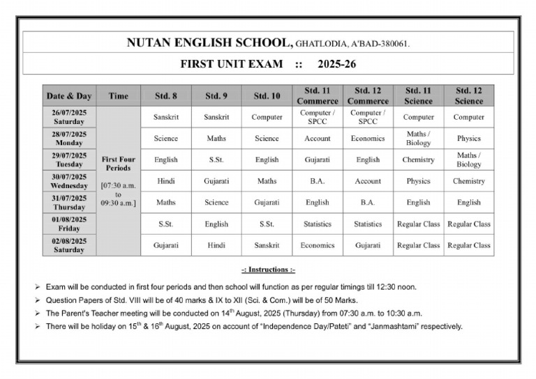 First Unit Exam Time Table 2025-26 (STD - 8th To 12th) | PDF