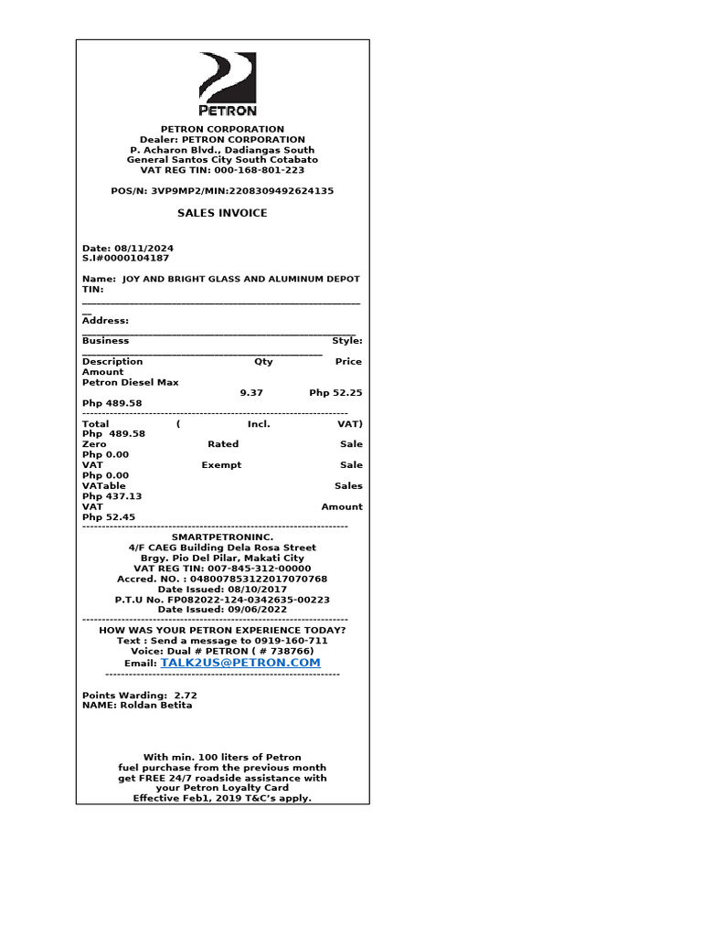 Petron Sales Invoice Sample | PDF