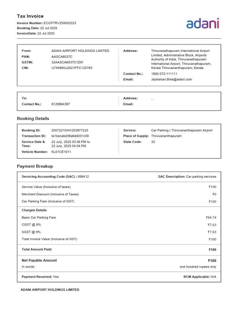 Parking-Invoice-Tue Jul 22 2025 16-32-02 GMT+0530 (India Standard Time) | PDF | Invoice | Taxes