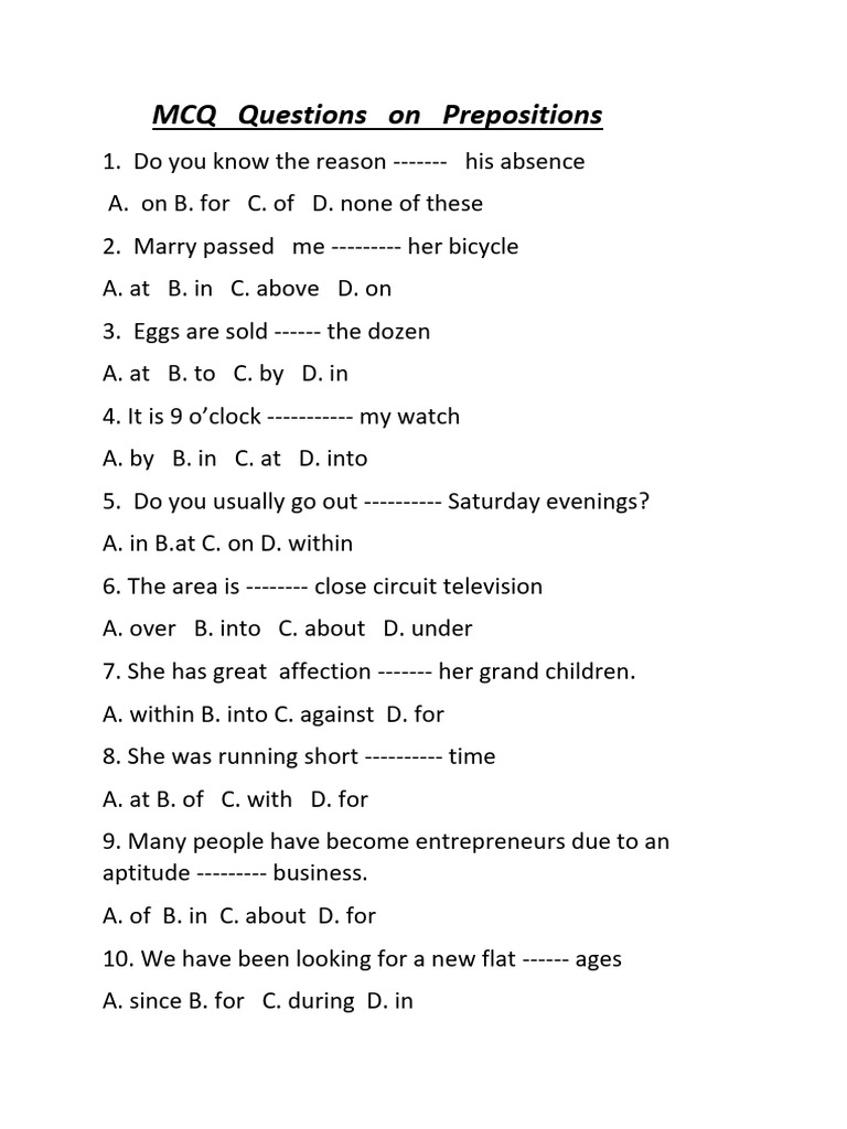 MCQ Question On Prepositions | PDF