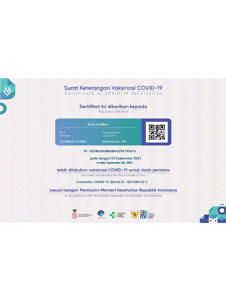 Sertifikat Vaksin 1 - Rizki Abdillah | PDF