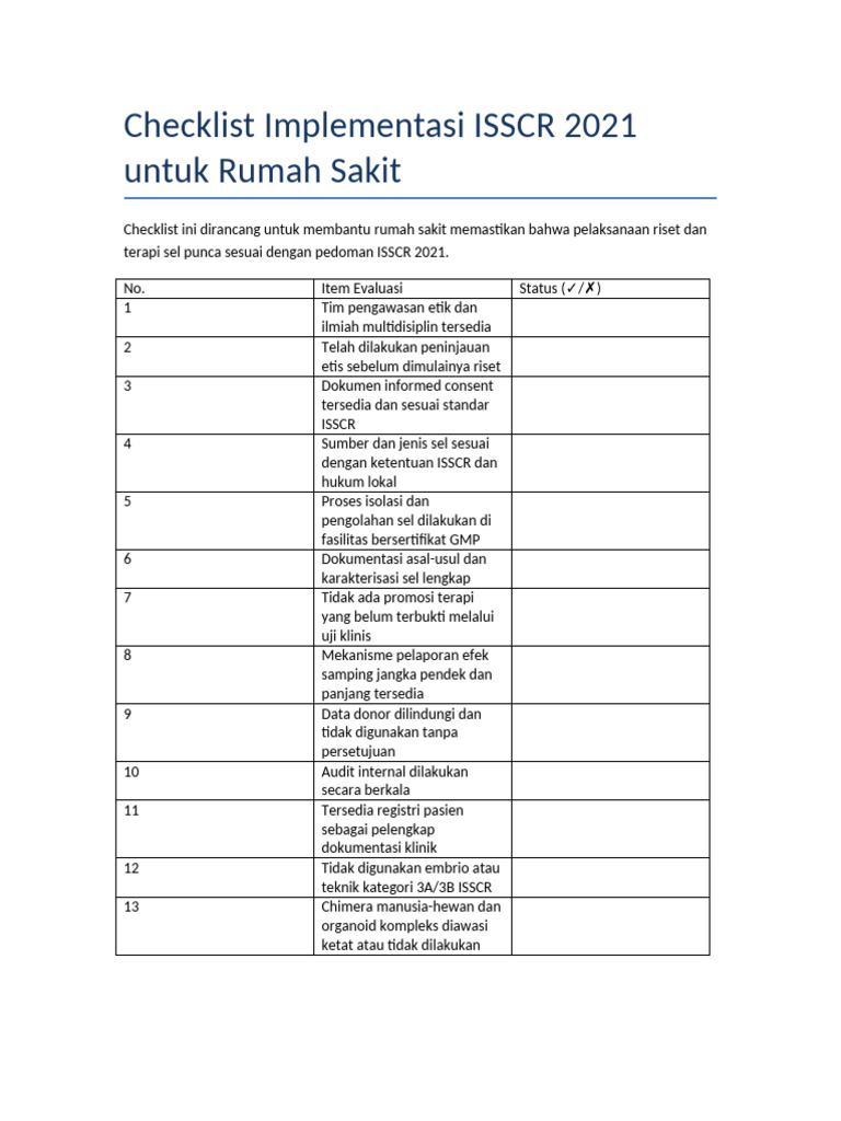Checklist Implementasi ISSCR 2021 | PDF