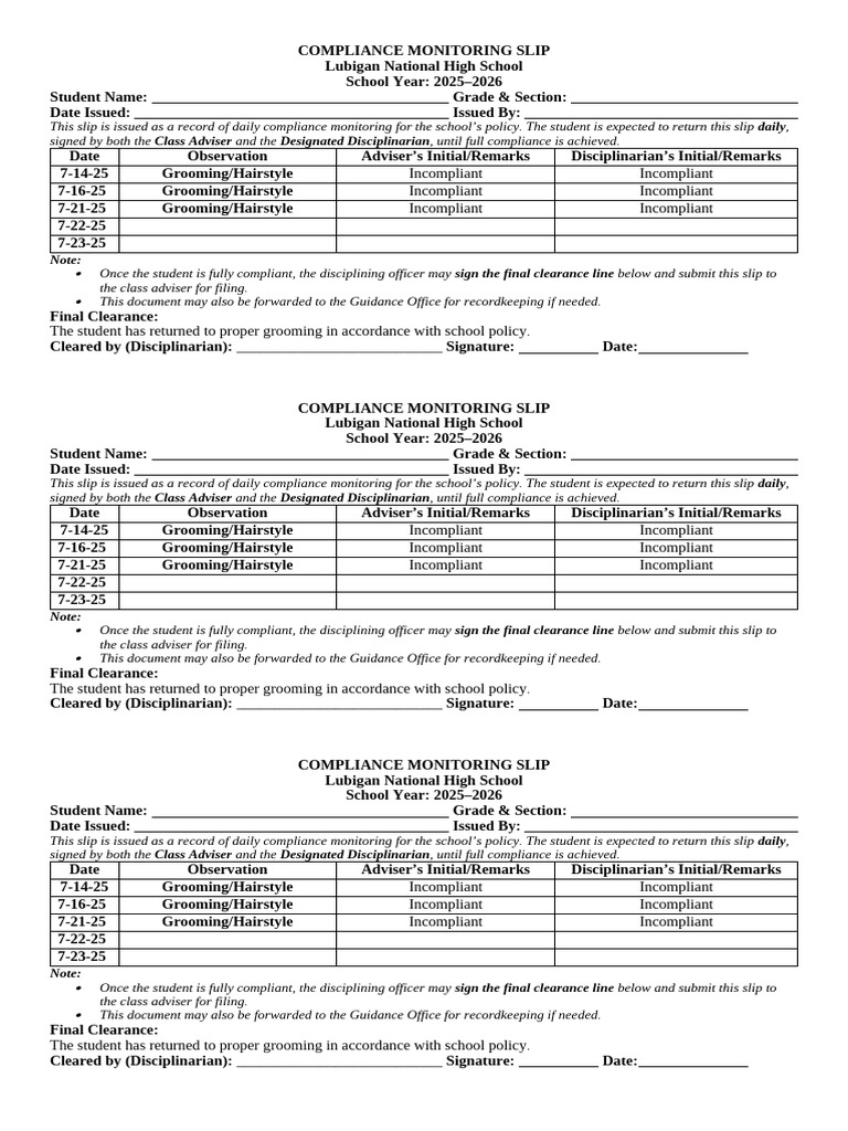 Compliance Monitoring Slip | PDF | Disciplines | Behavior Modification
