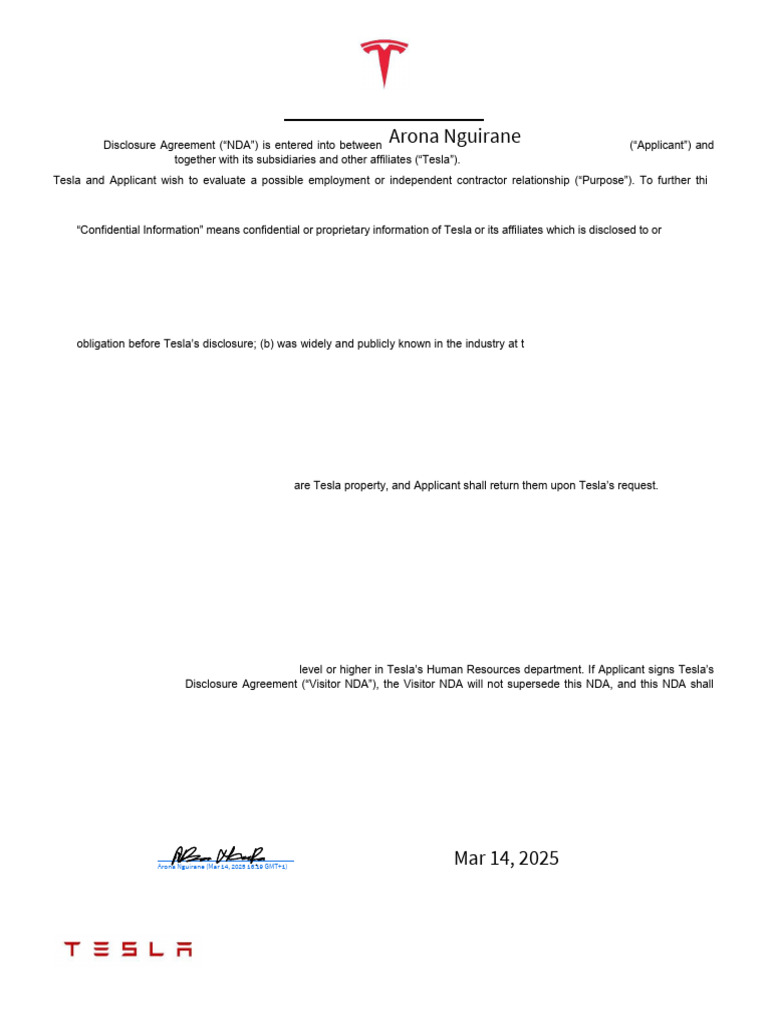 Tesla Applicant Non-Disclosure Agreement | PDF | Non Disclosure ...