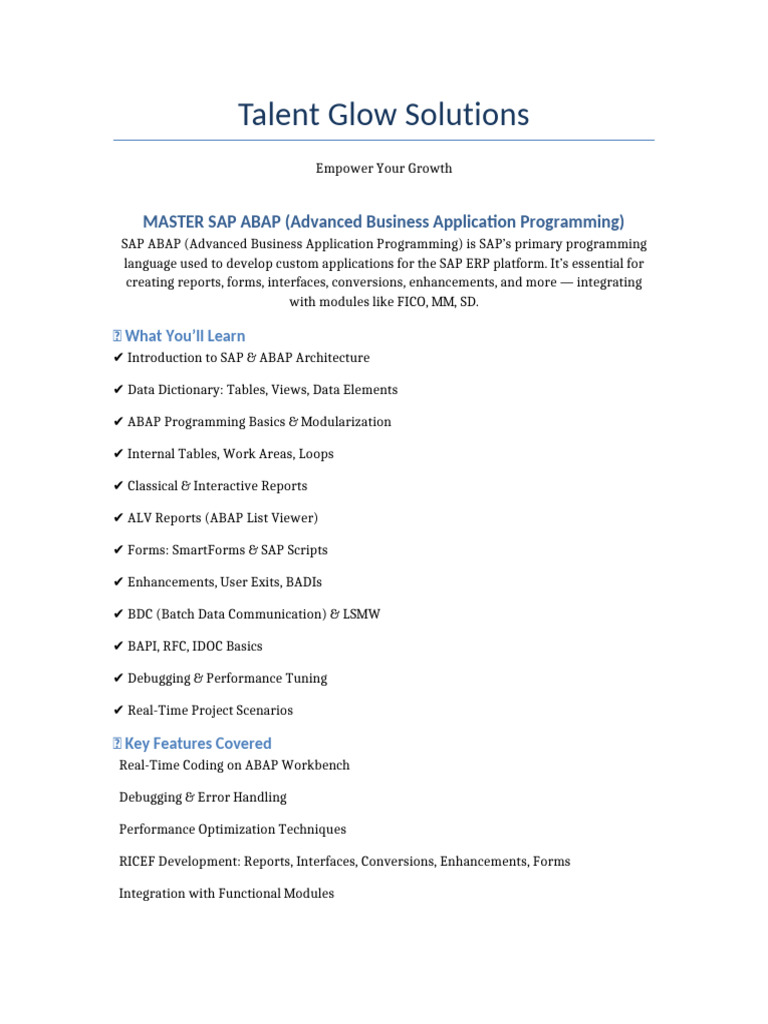 Talent Glow Solutions SAP ABAP SmartArt Flyer | PDF