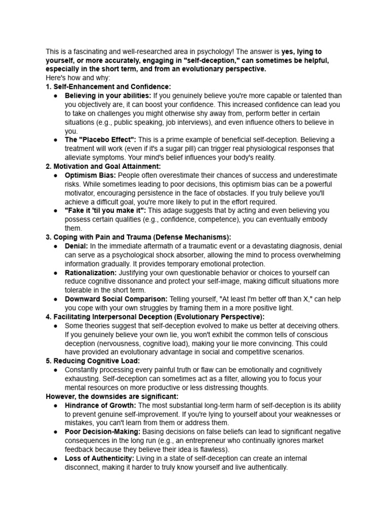 Benefits and Risks of Self-Deception | PDF | Psychology | Psychological ...