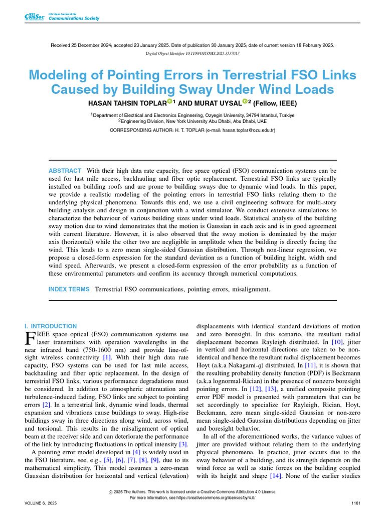 Modeling of Pointing Errors in Terrestrial FSO Links Caused by Building Sway Under Wind Loads ...