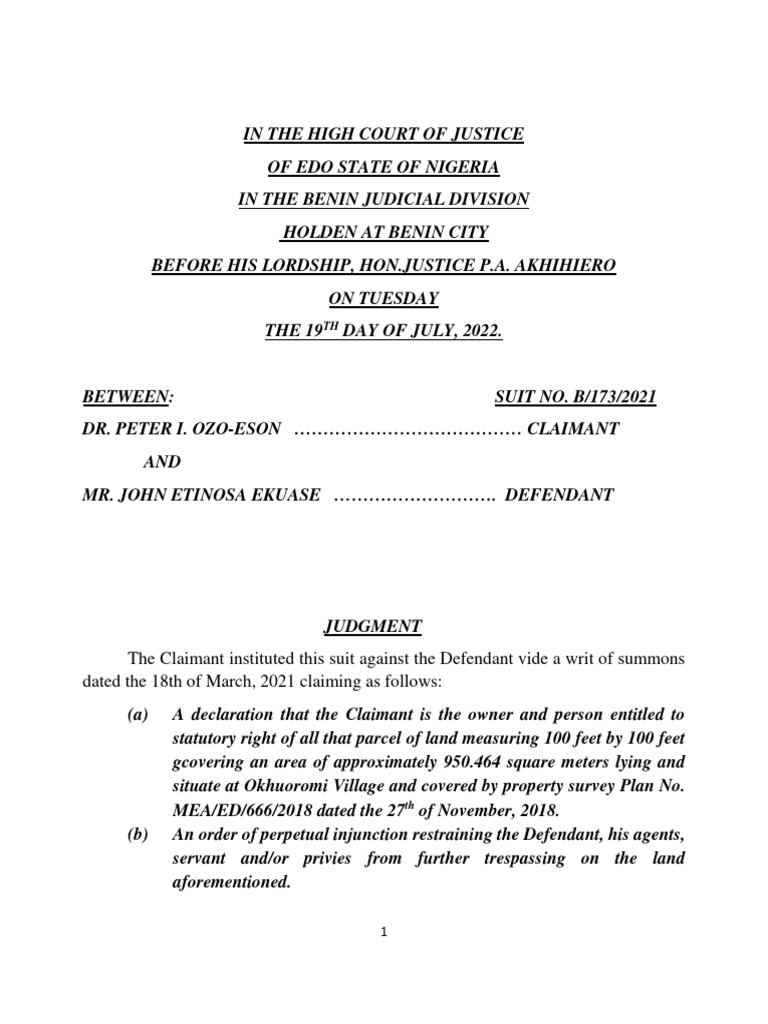 Judgment Suit No. B 173 2021 Dr. Peter I. Ozo Eson vs. Mr. John Etinosa Ekuase | PDF | Damages ...