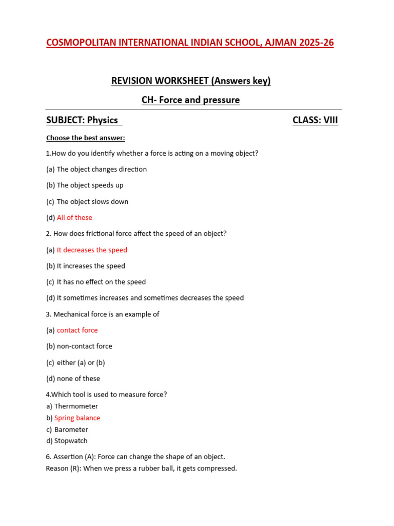 Grade 8 Physics Worksheet Answer | PDF | Force | Newton's Law Of ...