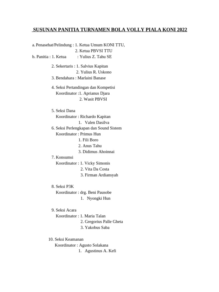 Susunan Panitia Turnamen Voli KONI 2022 | PDF