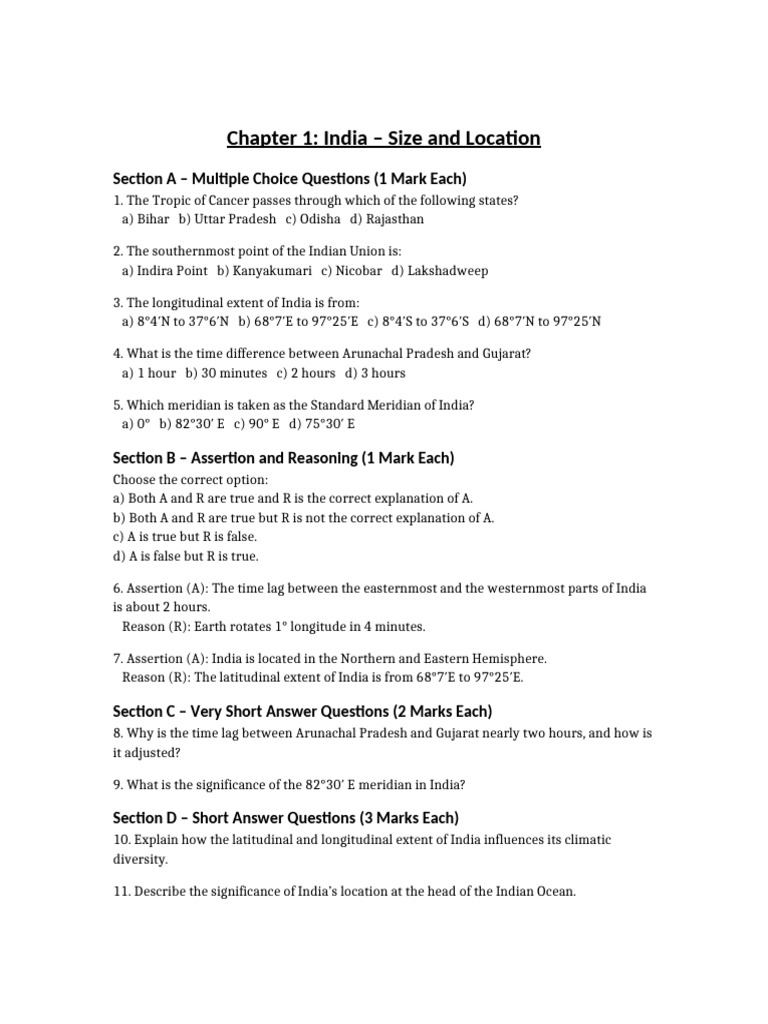 India Size Location Worksheet Class9 | PDF | Latitude | Longitude