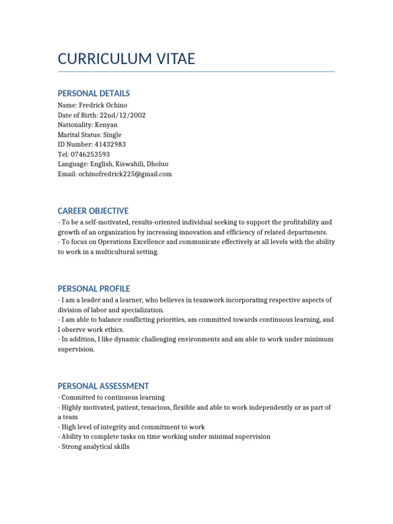 Fredrick Ochino CV and Attachment Letter | PDF | Kenya | Learning