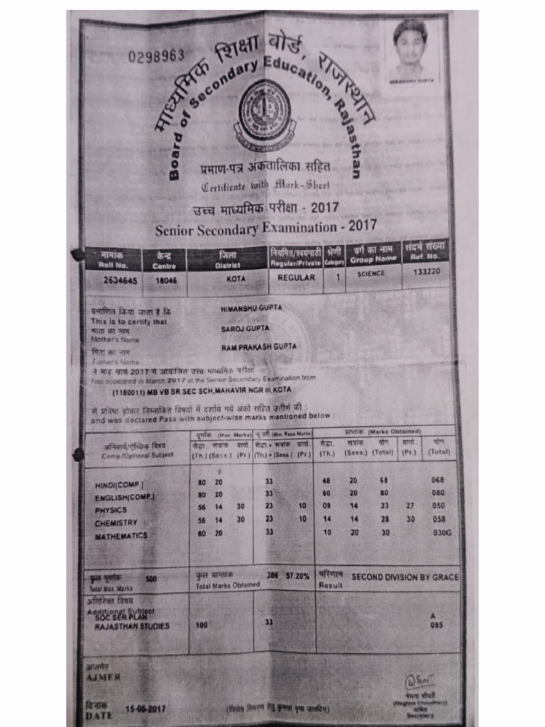 12th Marksheet | PDF
