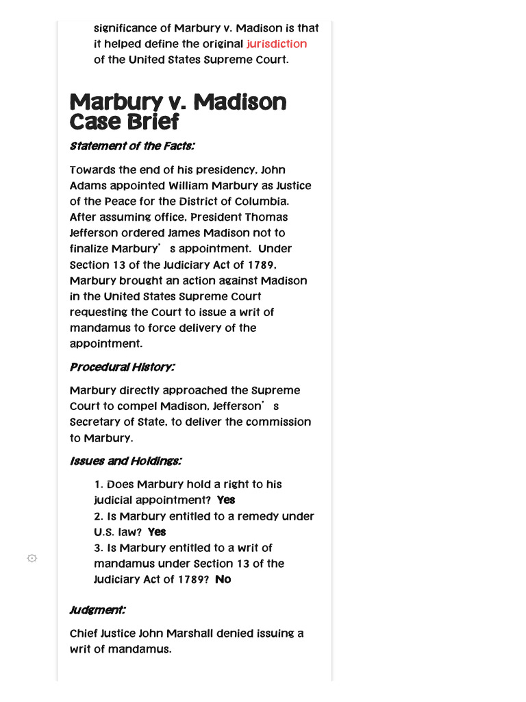 Marbury v. Madison - Case Summary and Case Brief | PDF | Marbury V ...