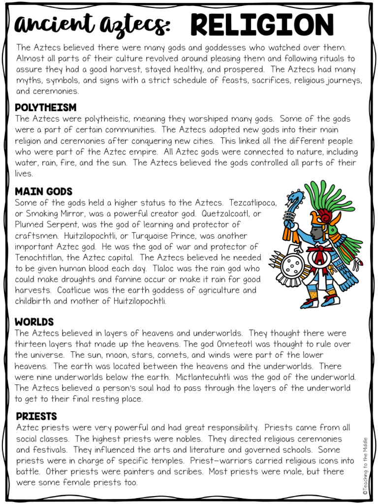 2 - Aztec Religion and Gods Reading Comprehension Worksheet Mesoamerica ...