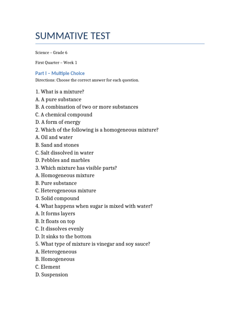Summ - Test Science 6 q1 w1 | PDF | Mixture | Physical Chemistry