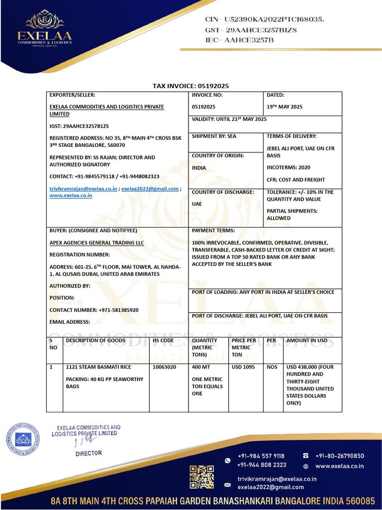 Tax Invoice for Basmati Rice Export | PDF | Letter Of Credit | Invoice