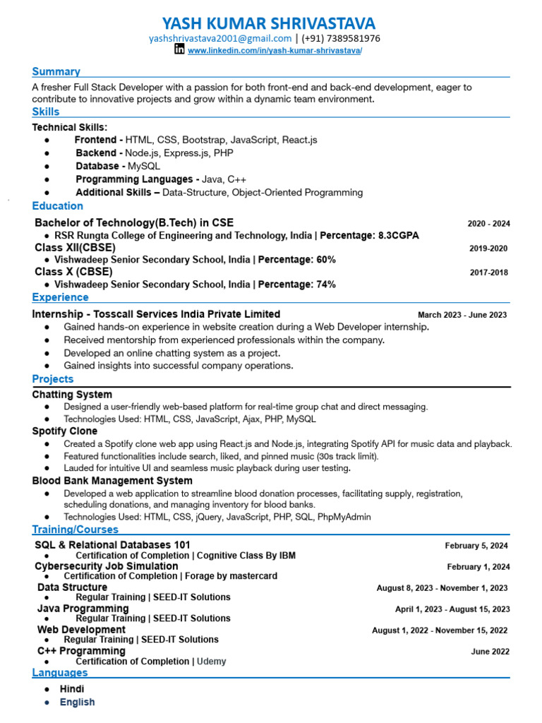 Yash Kumar Shrivastava - Resume | PDF | Java Script | Web Application