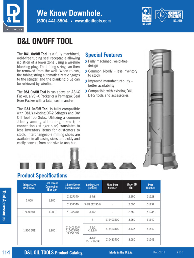 D&L On/Off Tool Specifications | PDF | Equipment