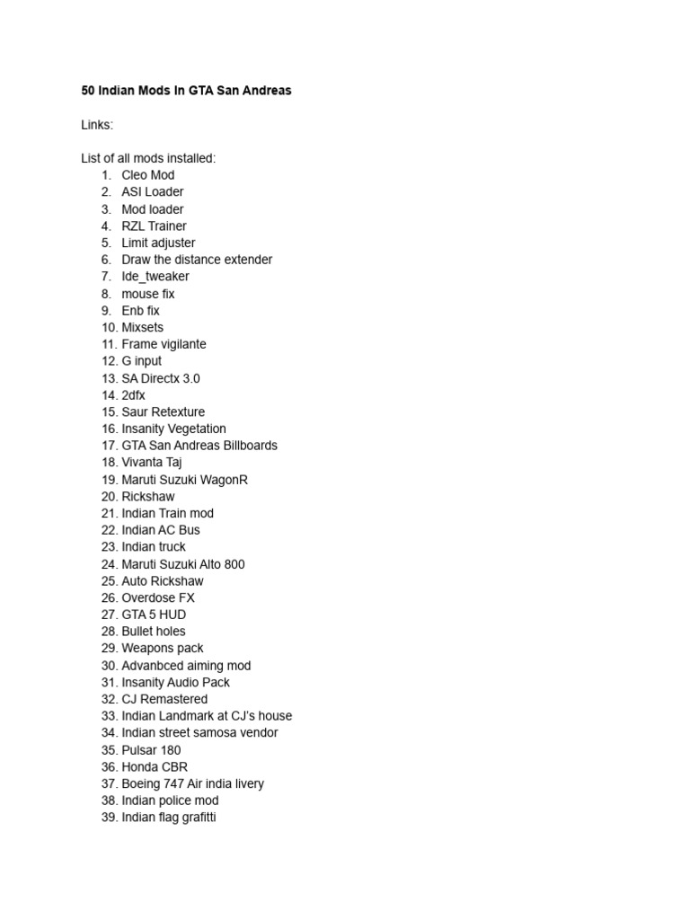50 Indian Mods in GTA San Andreas | PDF