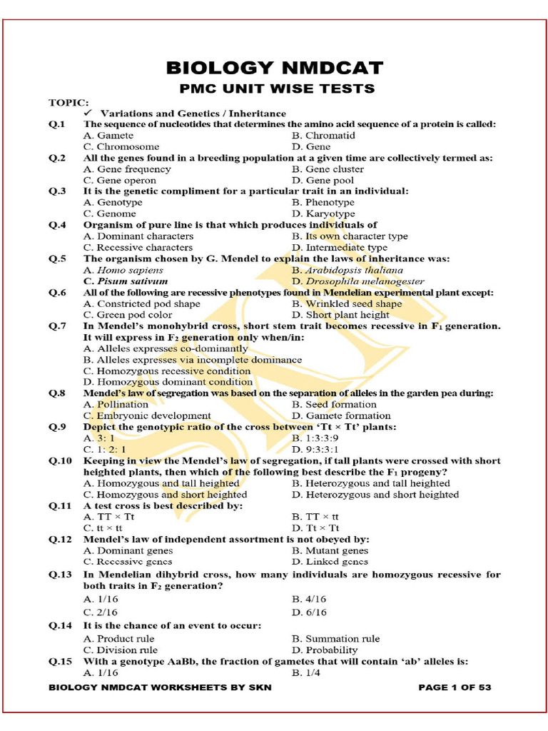 Genetics 650 Mcqs Worksheet 2021 by SKN | PDF