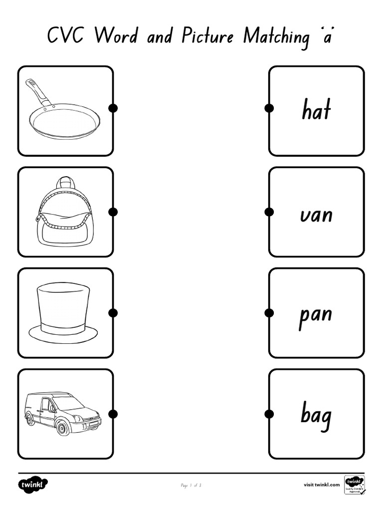 CVC Word and Picture Matching Worksheets Black and White NSW Font | PDF