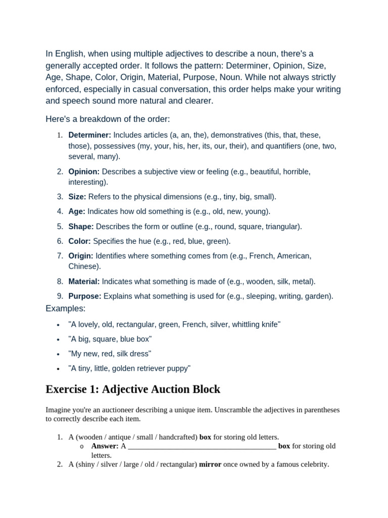 Adjective Order in English Descriptions | PDF | Grammar | Syntax