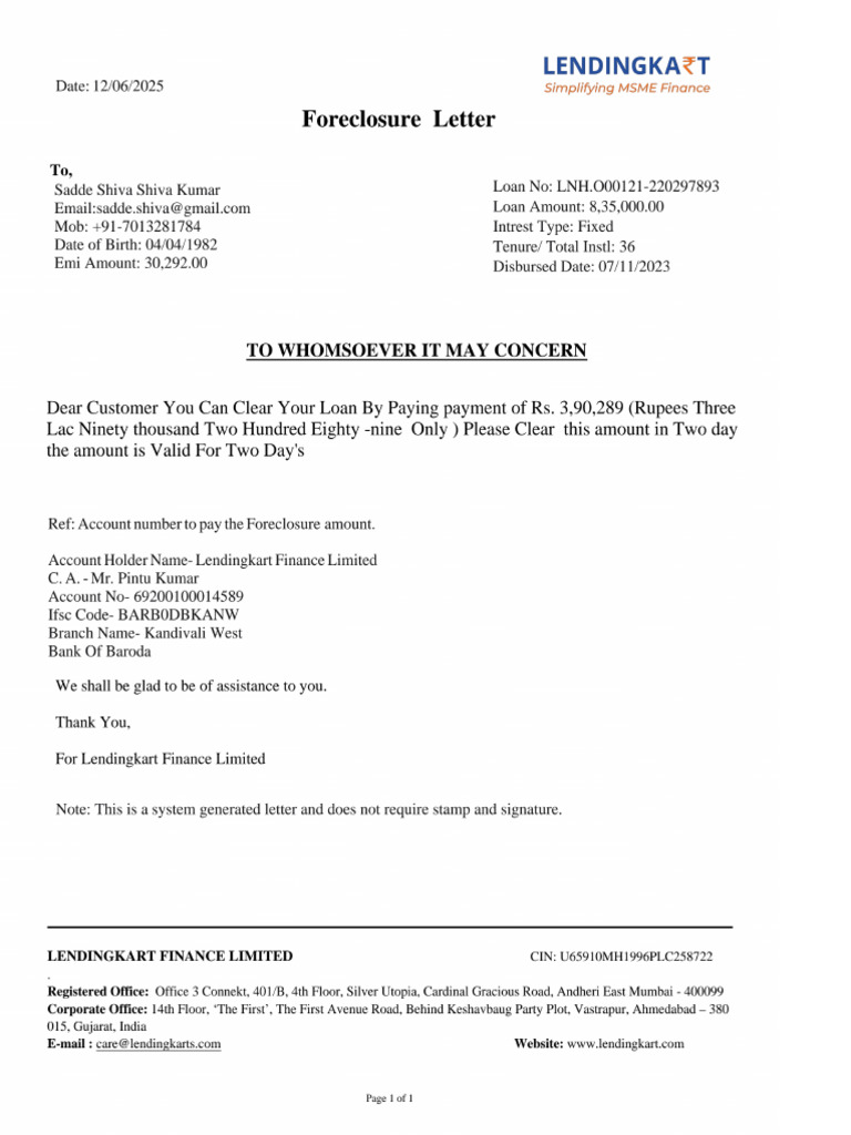 Sadde Shiva Shiva Kumar Foreclosure Letter | PDF