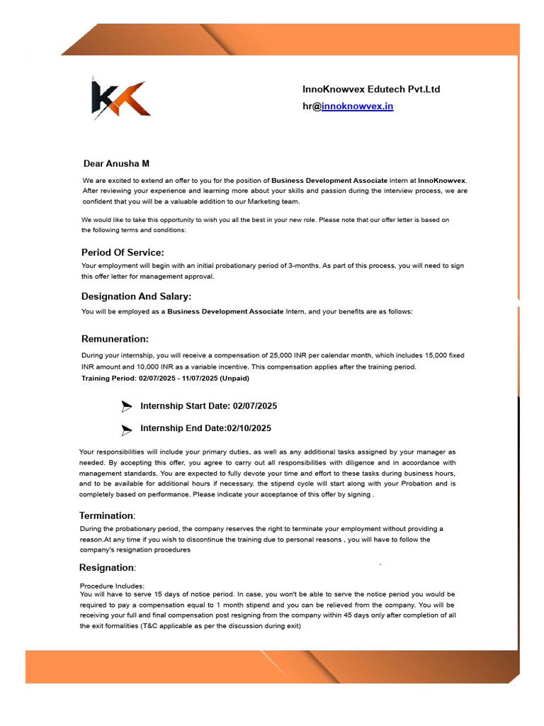 Offer Letter - Anusha M | PDF | Employment | Internship