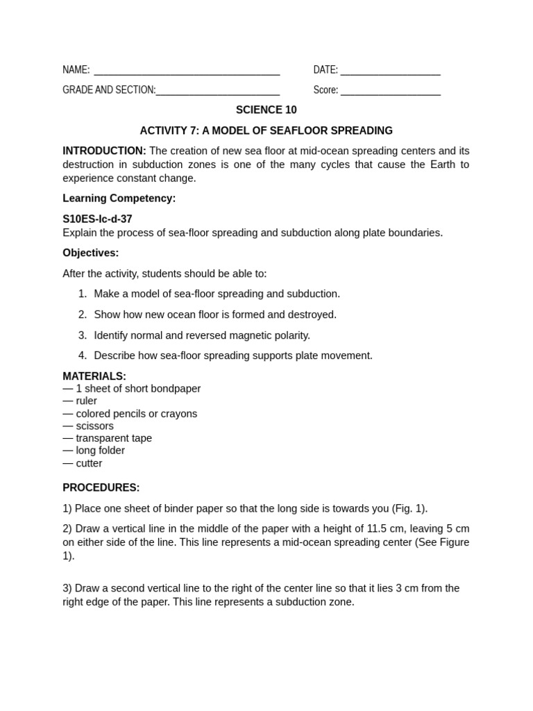 Activity 7 SEAFLOOR SPREADING MODEL | PDF | Plate Tectonics | Hydrography