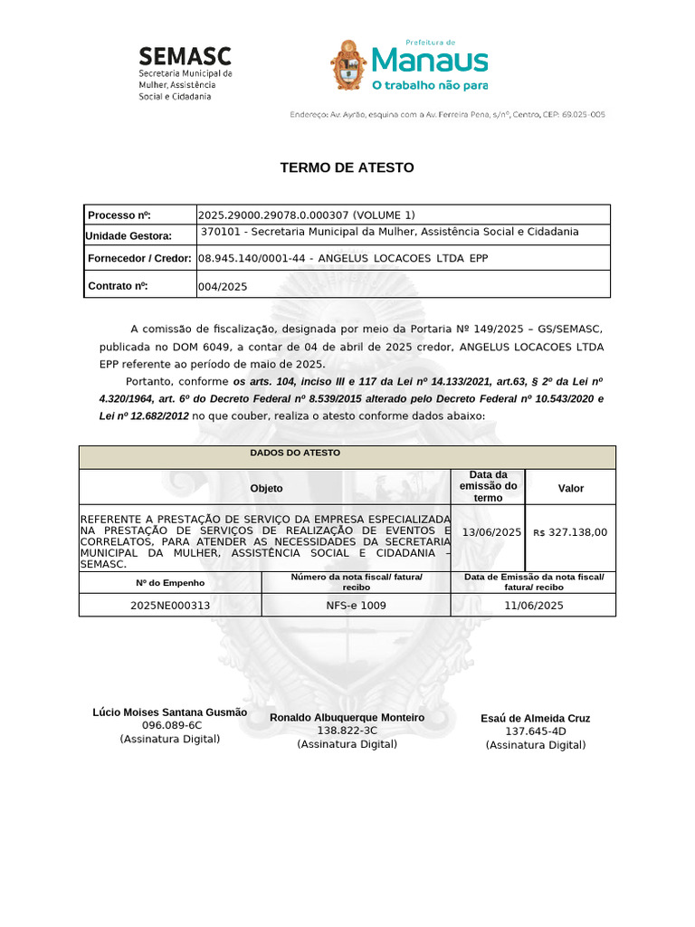 Atesto de Recebimento de Serviço SEMASC | PDF | Recibo