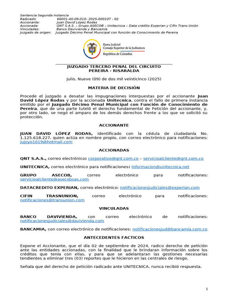 Proyecto Sentencia de Segunda Instancia - Juan David Lopez Rodas VS ...