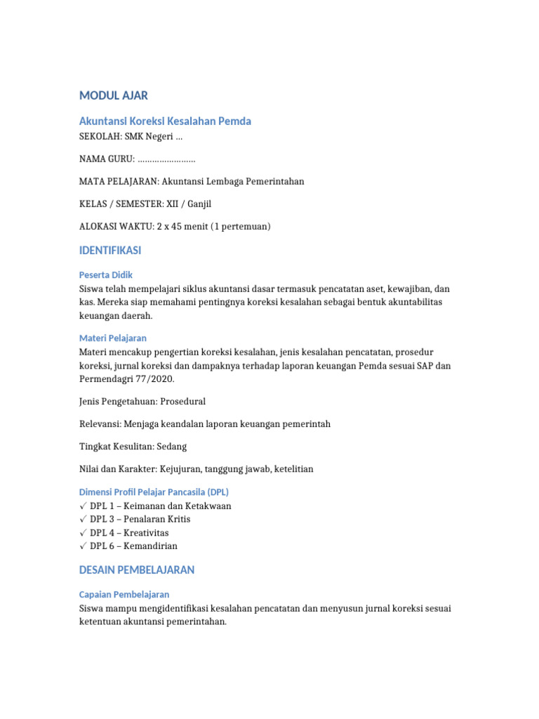 Modul Ajar Akuntansi Koreksi Kesalahan Pemda | PDF