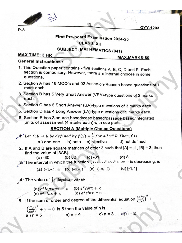 KV School Pre Board Paper Mathematics 2024 25 | PDF