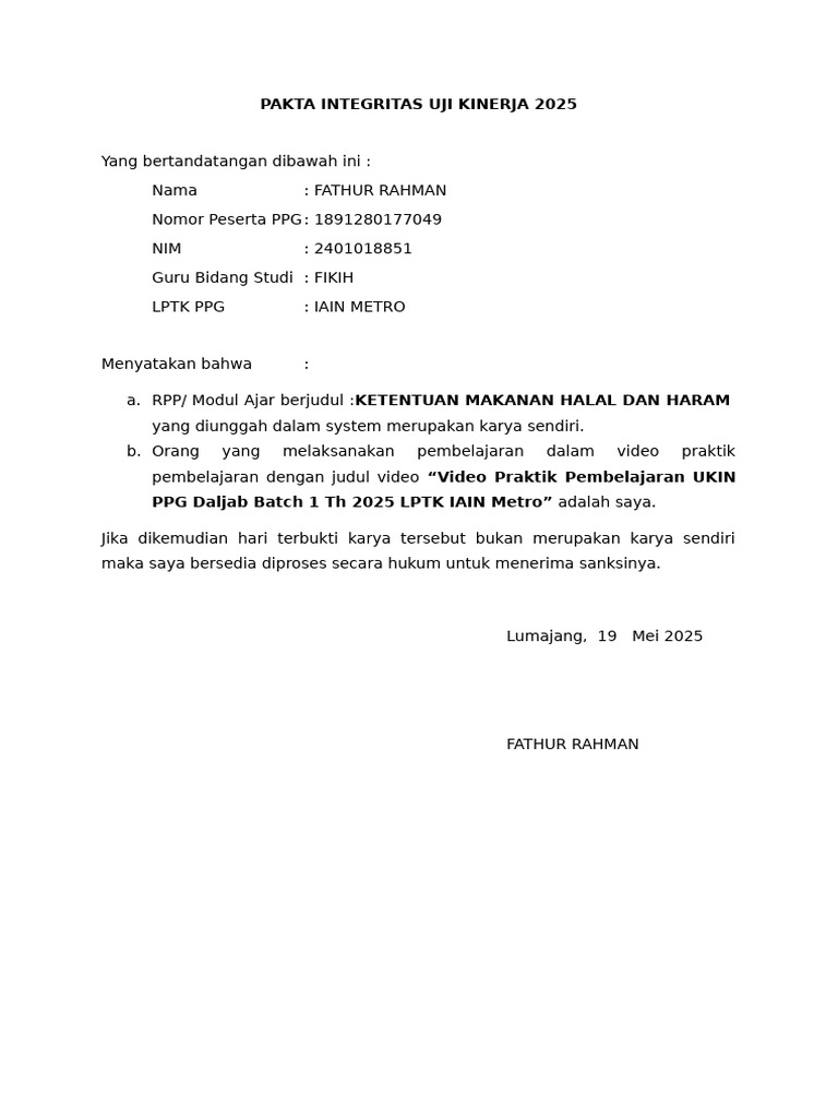 Pakta Integritas Uji Kinerja 2025 | PDF