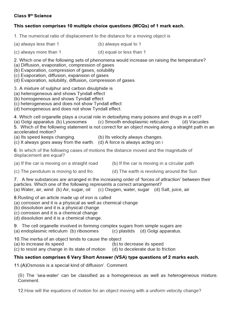 Class 9 Science This Section Comprises 10 Multiple Choice Questions ...