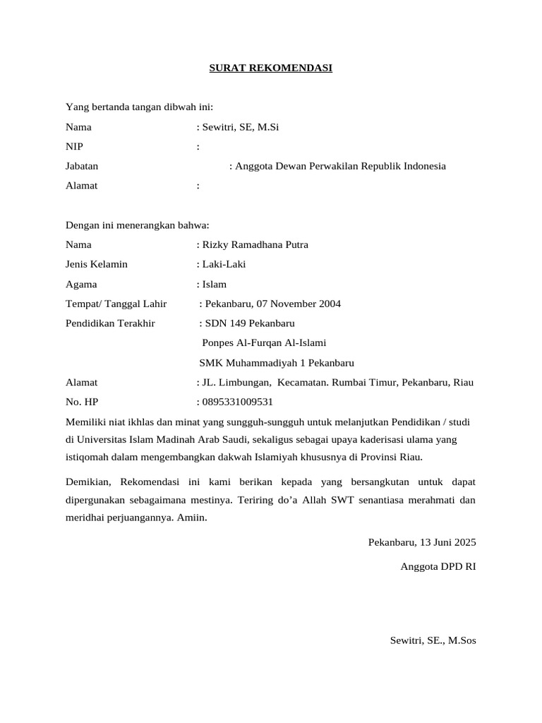 Surat Rekomendasi | PDF