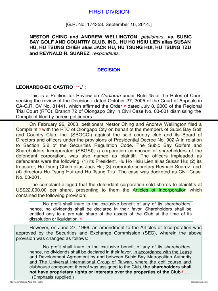 Ching v. Subic Bay Golf and Country Club, Inc. | PDF | Lawsuit | Complaint
