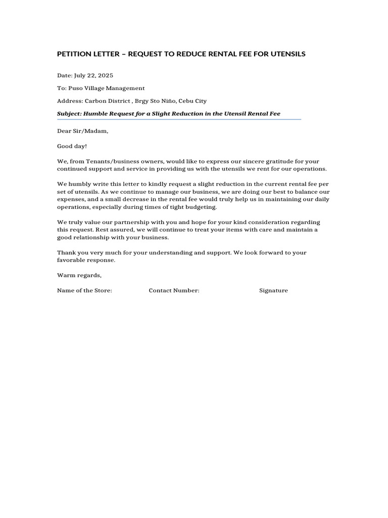 Petition Letter Utensil Rental Reduction | PDF