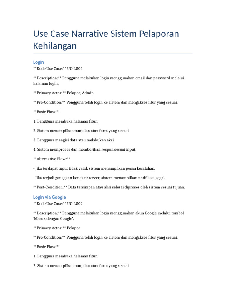 Use Case Narrative Sistem Pelaporan Kehilangan | PDF